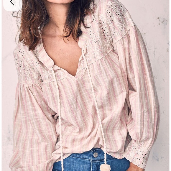 LoveShackFancy | Tops | Loveshackfancy Pink Striped Blouse With Lace ...